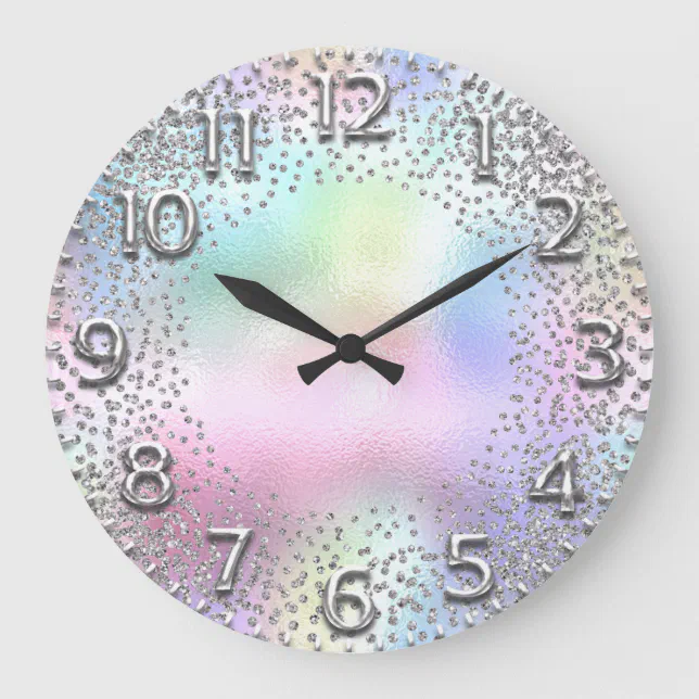 Pink Numbers Unicorn Glitter Holograph Silver Large Clock | Zazzle