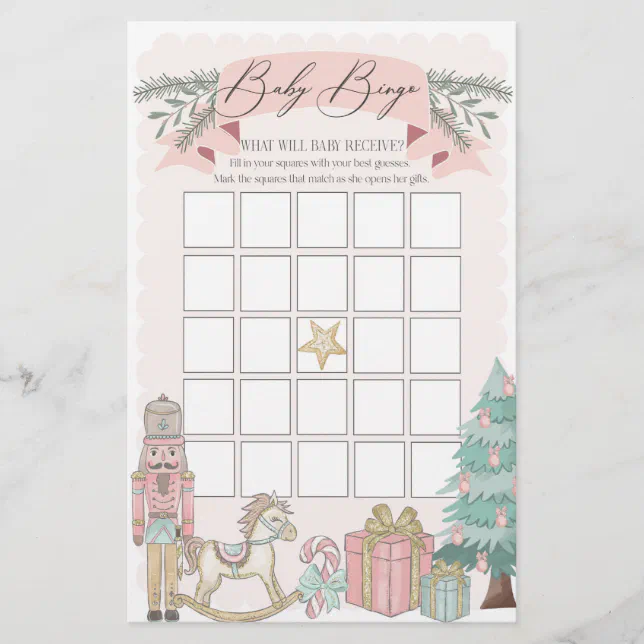 pink nutcracker christmas baby shower bingo game | Zazzle