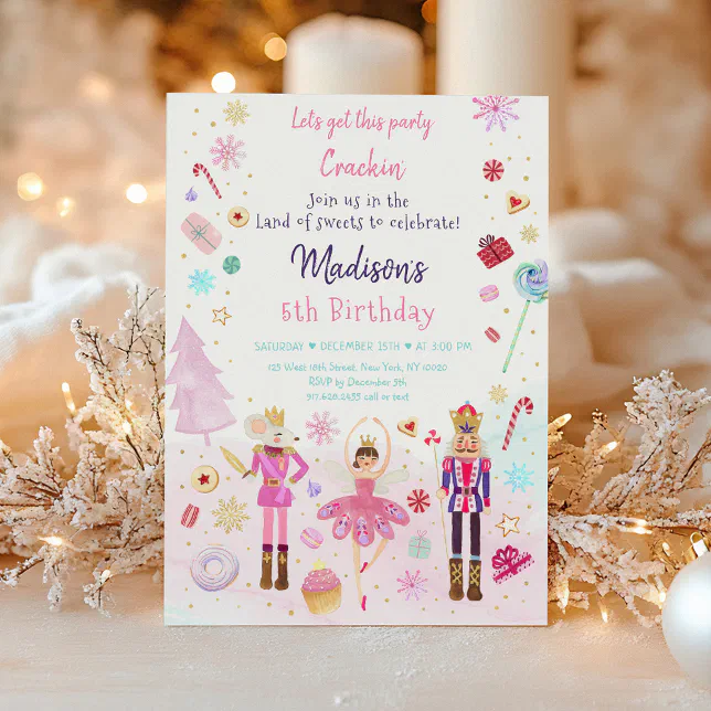 Pink Nutcracker Land of Sweets Winter Birthday Invitation | Zazzle