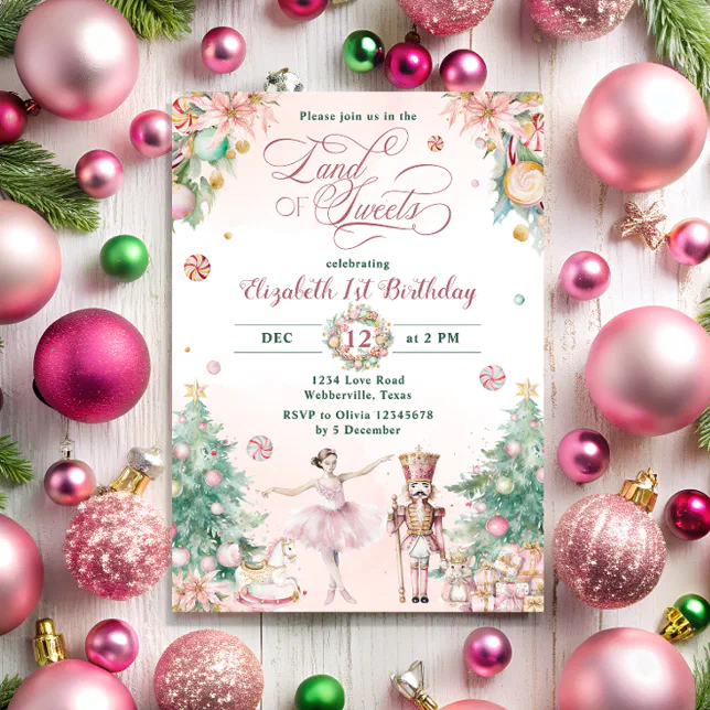 Pink Nutcracker Land of Sweets Winter Birthday Invitation | Zazzle
