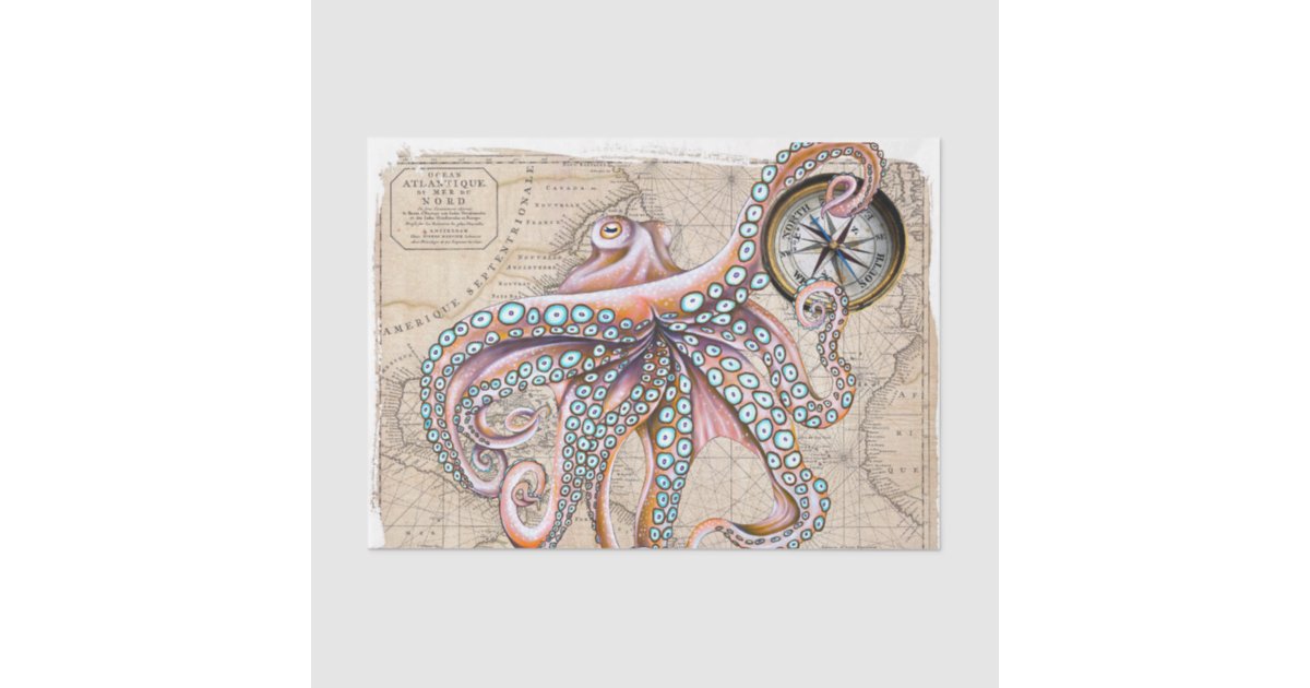 Pink Octopus Full Vintage Map Compass Beach Tissue Paper | Zazzle