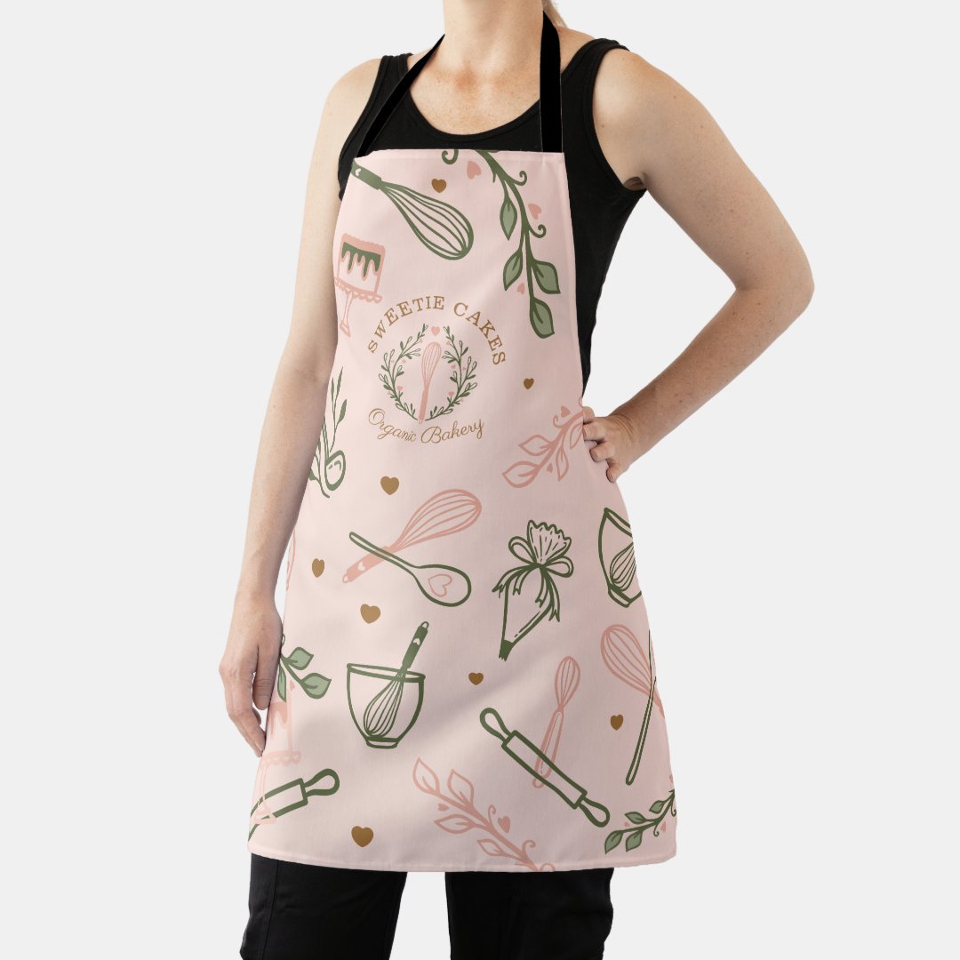 Pink & Olive Green Baking & Cooking Utensil Bakery Apron | Zazzle