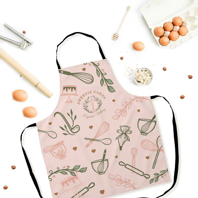 Pink & Olive Green Baking & Cooking Utensil Bakery Apron | Zazzle