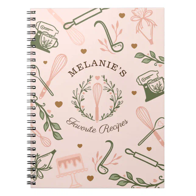 Pink & Olive Green Baking & Cooking Utensil Recipe Notebook | Zazzle