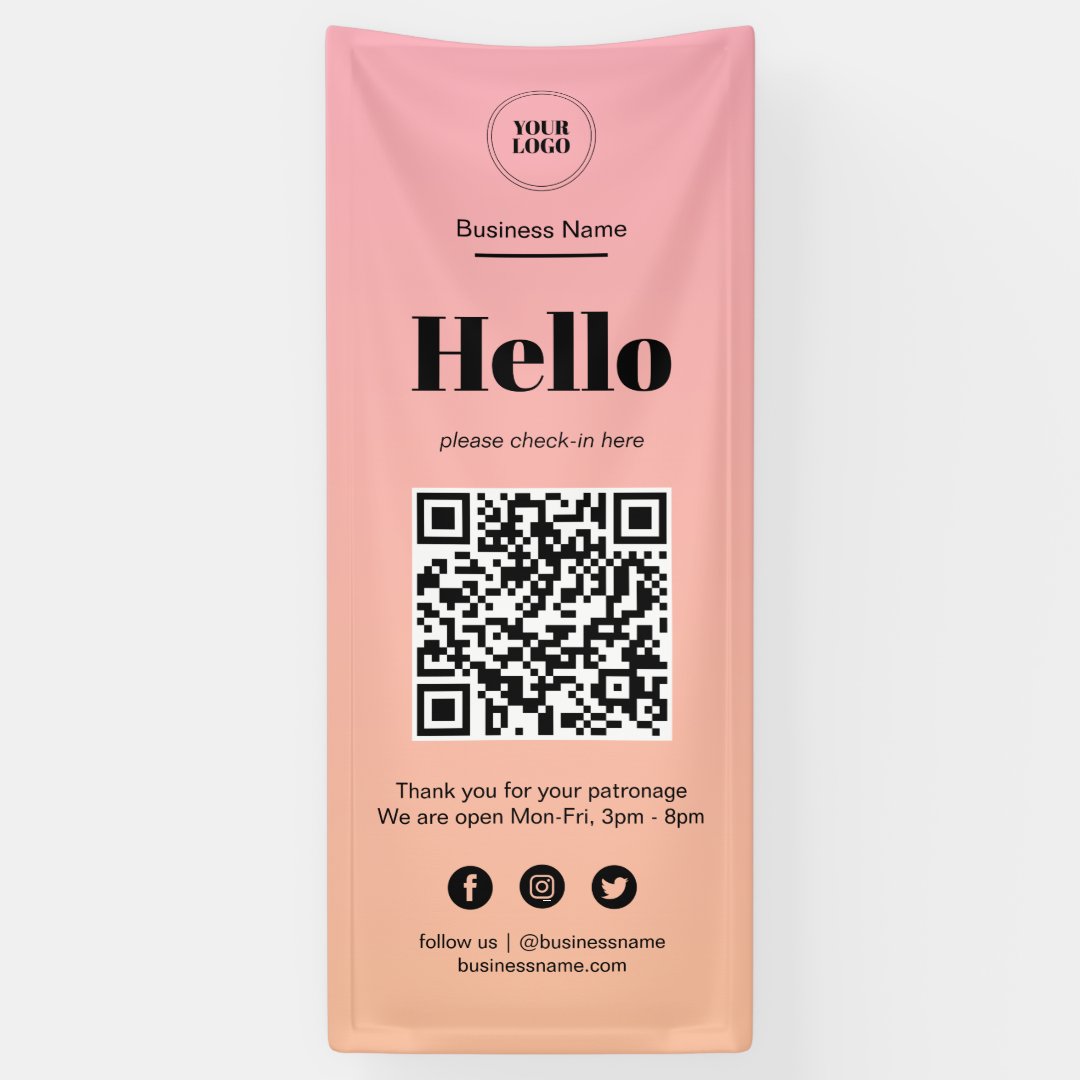 Pink Ombre Business Covid QR Code Check-In Banner | Zazzle