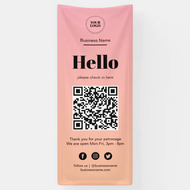 Pink Ombre Business Covid QR Code Check-In Banner | Zazzle
