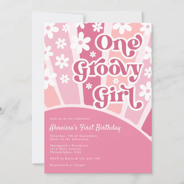 Pink One Groovy Girl Retro Rainbow Photo Birthday Invitation | Zazzle