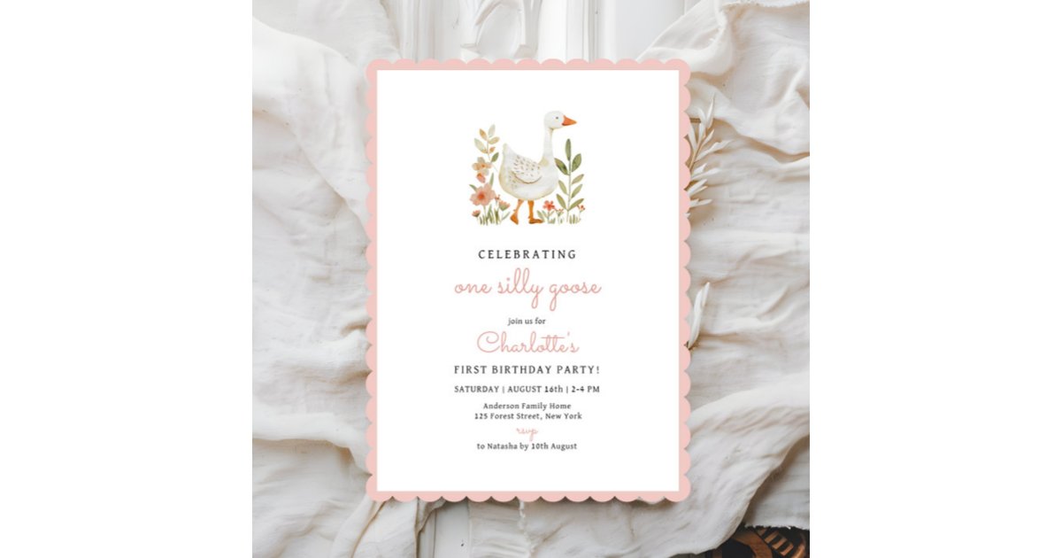 Pink One Silly Goose Birthday Invitation | Zazzle