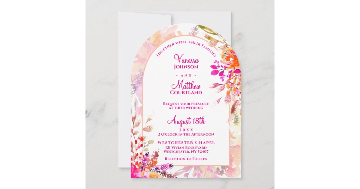 Pink Orange Elegant Floral Arch Shape Wedding Invitation | Zazzle