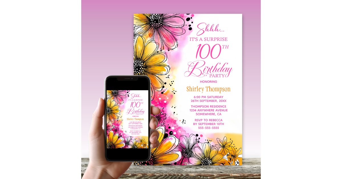 Pink Orange Floral Surprise 100th Birthday Party Invitation | Zazzle