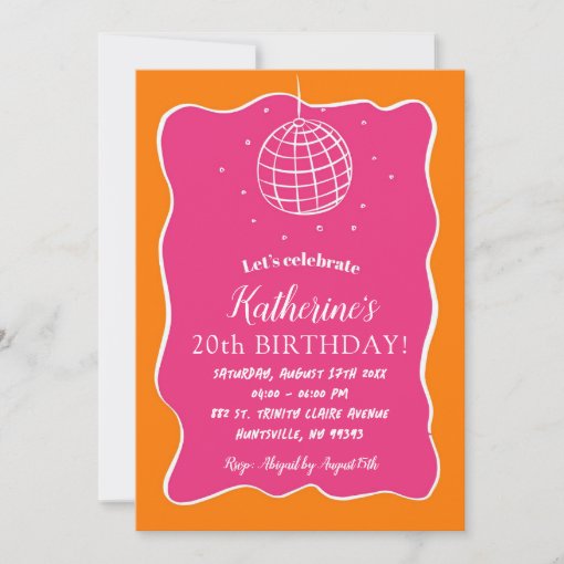 Pink Orange Illustrated Disco Ball Adult Birthday Invitation | Zazzle