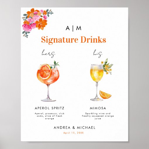 Pink Orange Signature Drinks Cocktail Wedding Sign | Zazzle