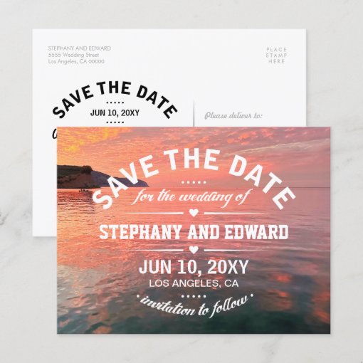Pink Orange Sunset Sea Save the Date Wording Announcement Postcard | Zazzle