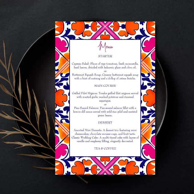 Pink orange Talavera vintage Mexican menu card | Zazzle