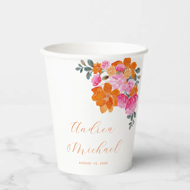 Pink Orange Vibrant Summer Custom Floral Wedding Paper Cups | Zazzle