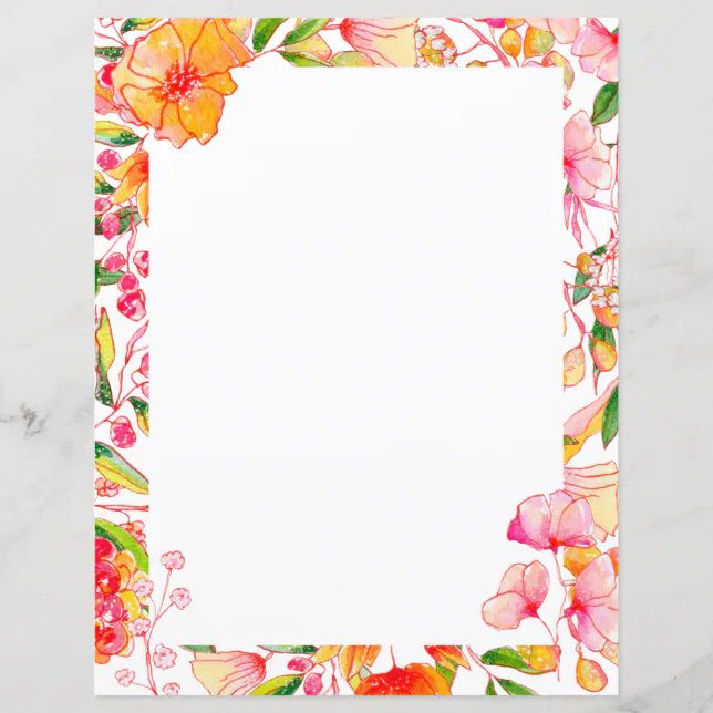 Pink Orange Watercolor Floral Blank Stationery | Zazzle