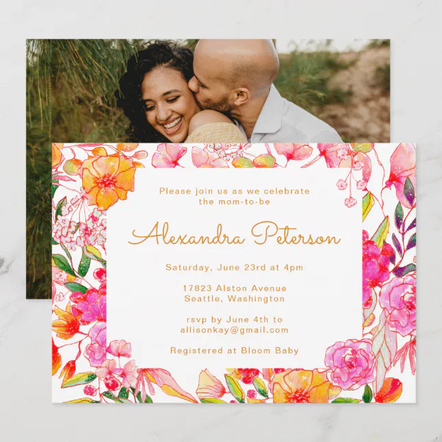 Pink Orange Watercolor Flowers Baby Shower Photo Invitation | Zazzle