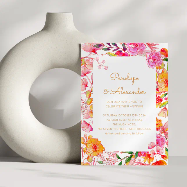Pink Orange Watercolor Flowers Script Chic Wedding Invitation | Zazzle