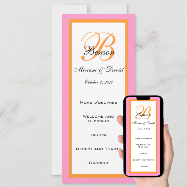 Pink Orange Wedding Menu Cards | Zazzle