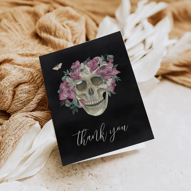 Pink Orchid Floral Skull Thank You Card | Zazzle