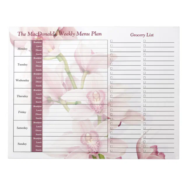Pink Orchid Weekly Personalized Meal Planner Notepad | Zazzle