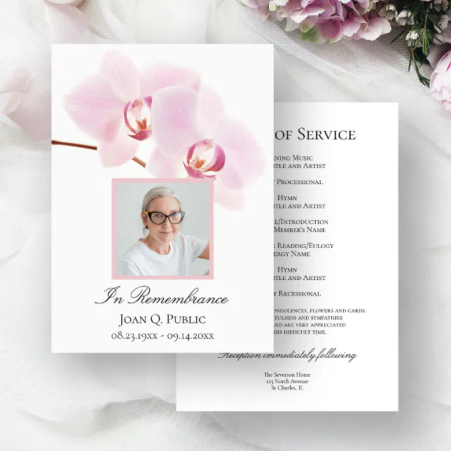 Pink Orchids on White Funeral Memorial Service Program | Zazzle