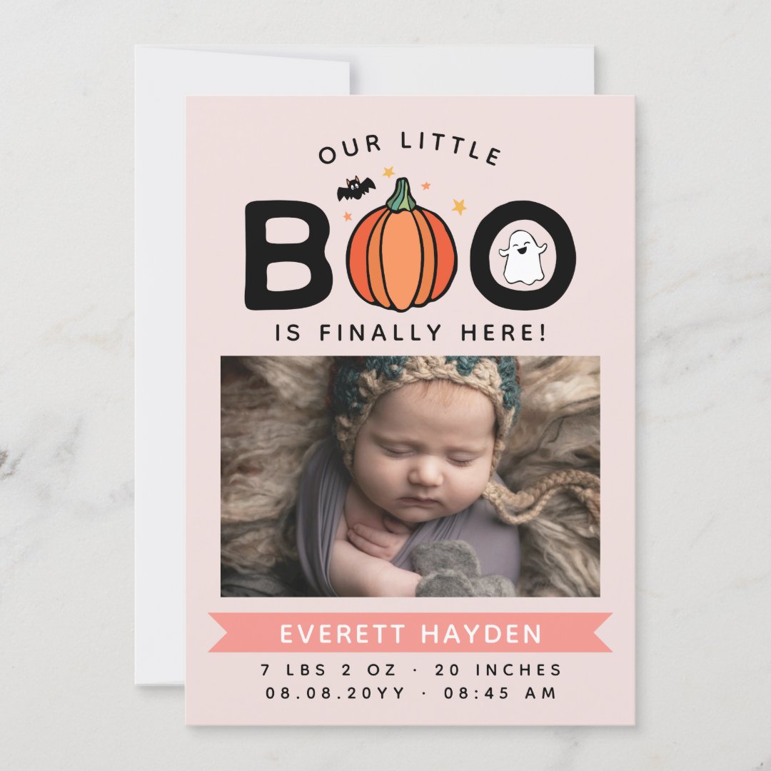 Pink Our Little Boo Finally Here Halloween Baby Announcement | Zazzle