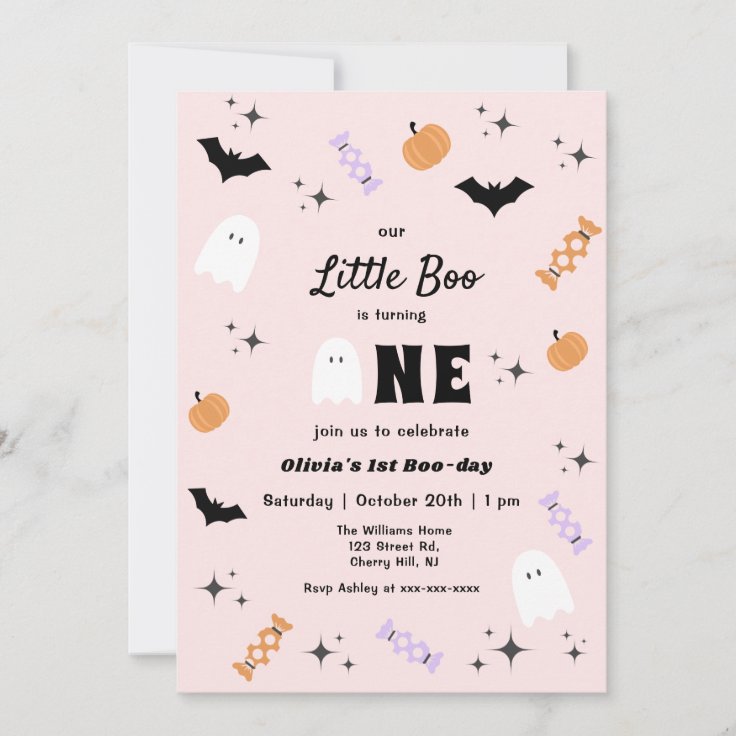 Pink Our Little Boo Halloween 1st Birthday Invitation | Zazzle
