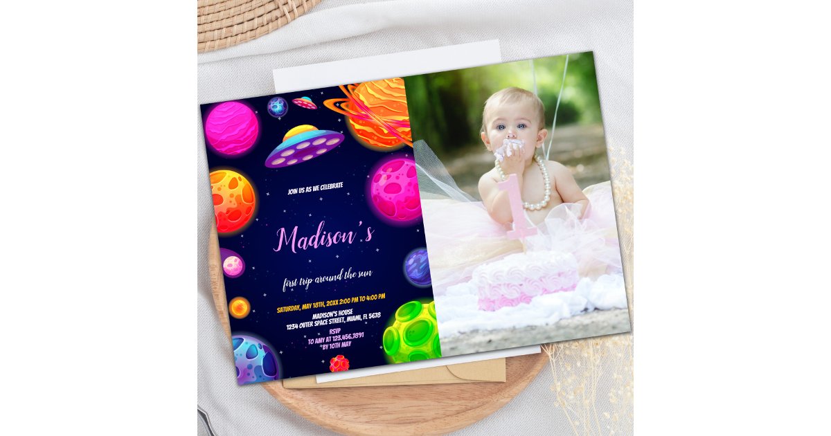 Pink Outer Space Birthday Invitation with Photo | Zazzle