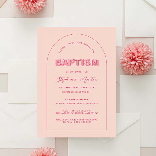 Pink Outline Bold Type Baptism Invitation | Zazzle