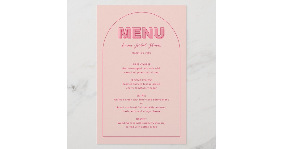 Pink Outline Bold Type Bridal Shower menu card | Zazzle