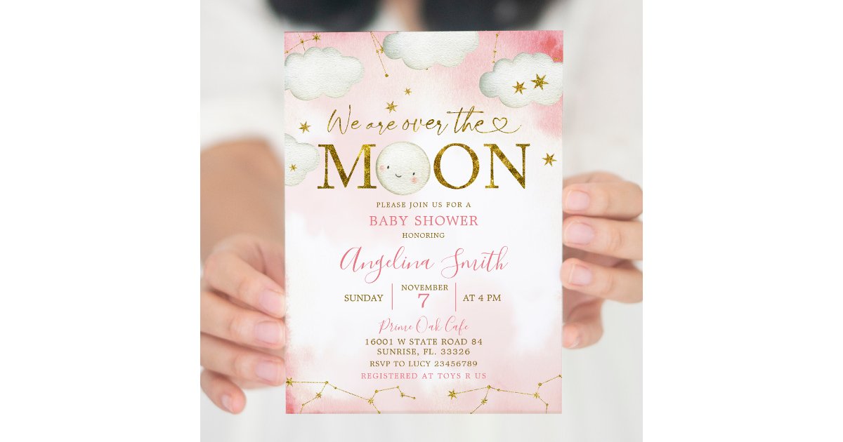Pink Over The Moon Constellation Baby Shower Invitation | Zazzle