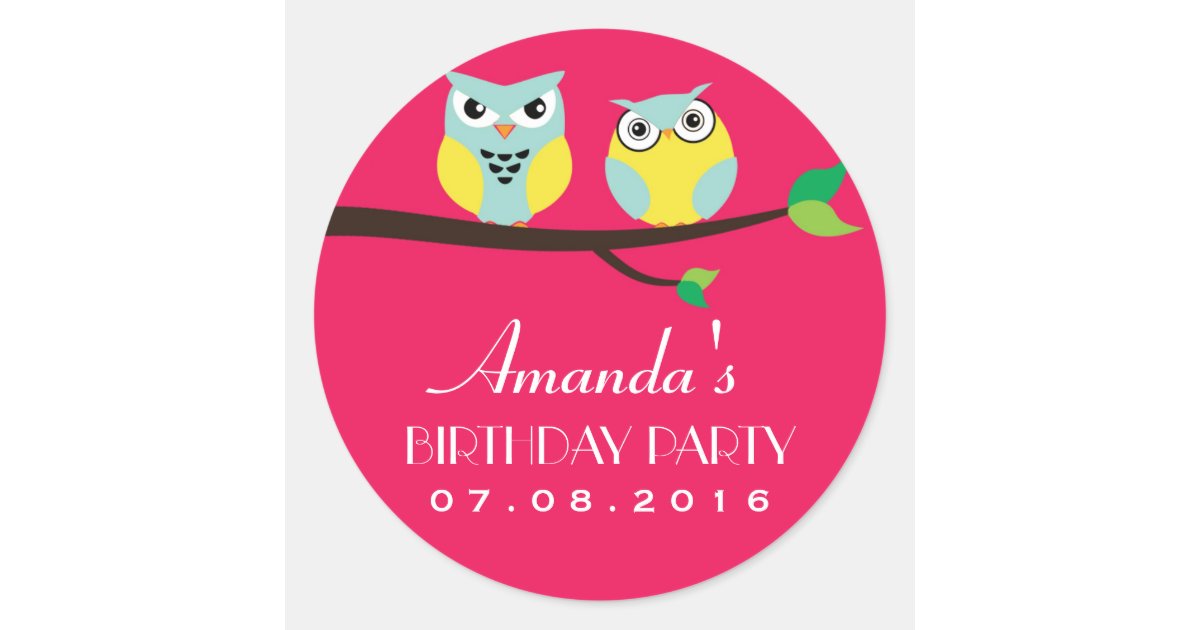 Pink Owl Cartoon Birthday Sticker for Kids Party | Zazzle