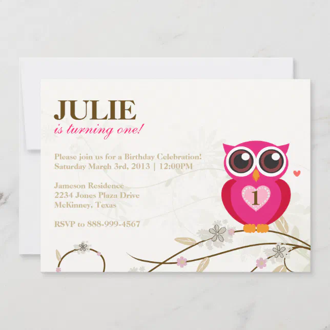 Pink Owl First Birthday Party Invitation | Zazzle