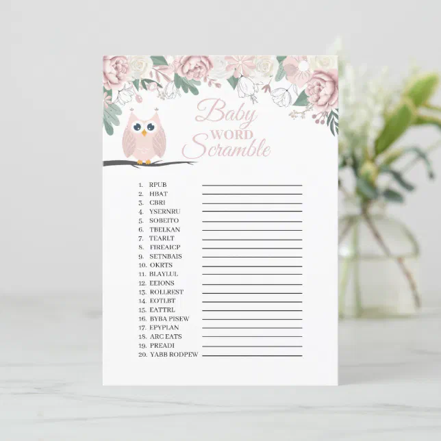 Pink Owl Floral Baby Word Scramble Game Card | Zazzle