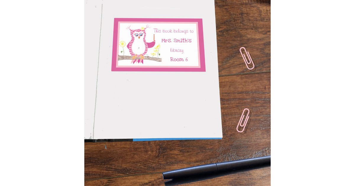 Pink Owl Teacher Library Stickers | Zazzle