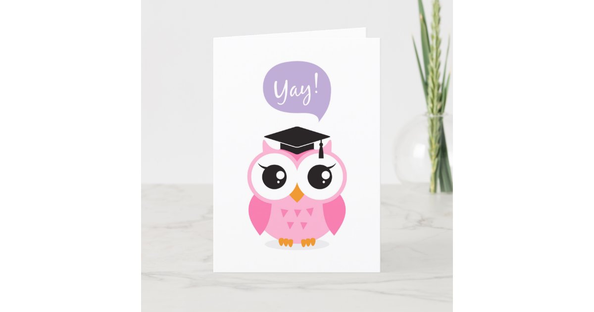 Pink owl with graduation hat congratulation card | Zazzle