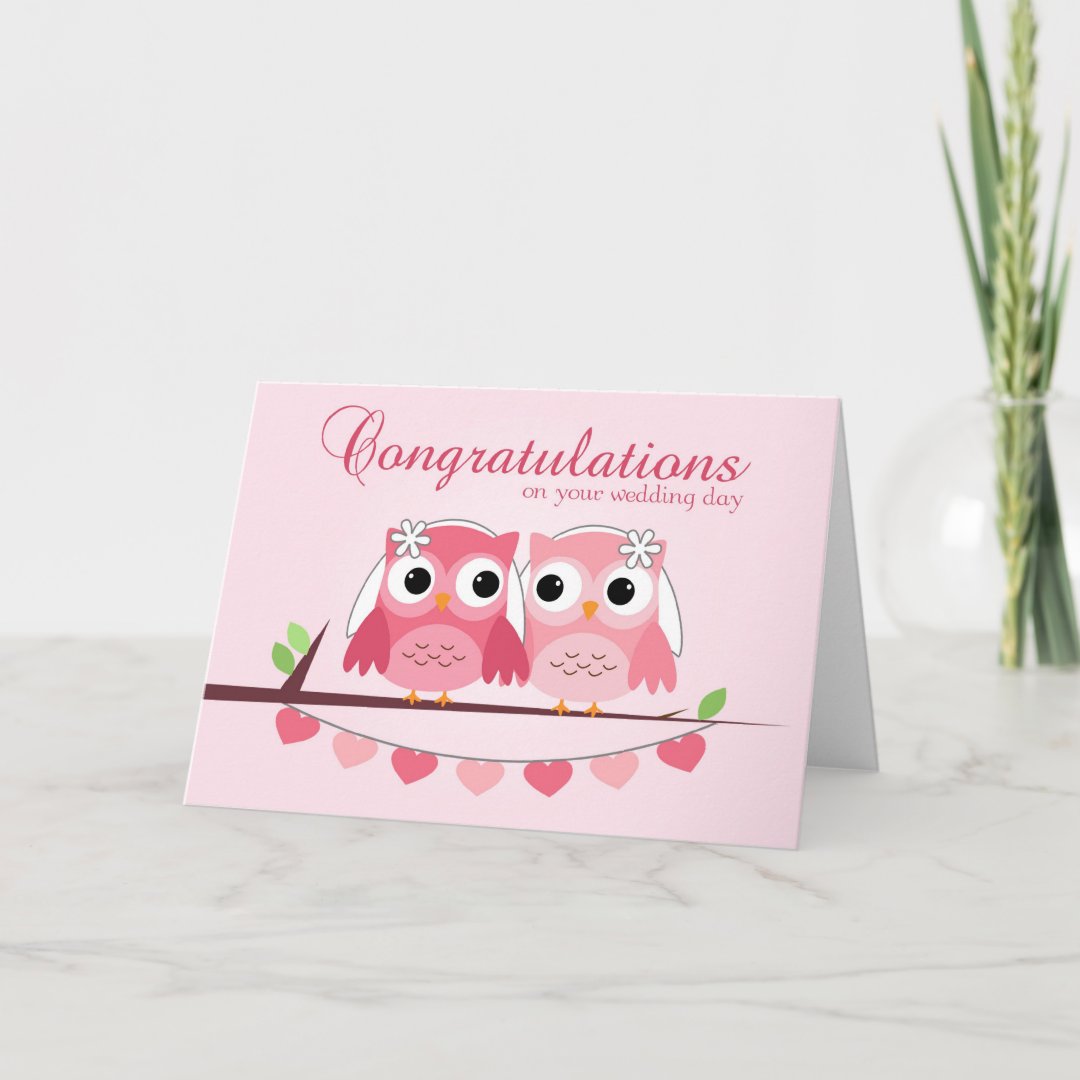 Pink Owls, Pink Hearts, Lesbian Wedding Congrats Card | Zazzle