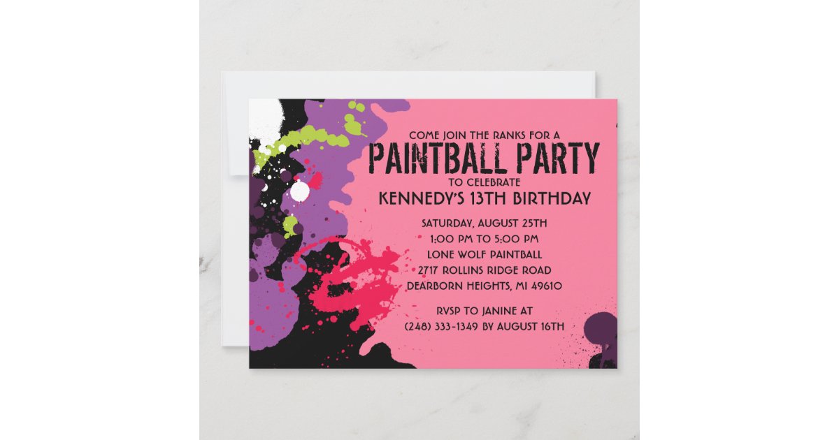 Pink Paintball Splatter Paintball Birthday Party Invitation | Zazzle