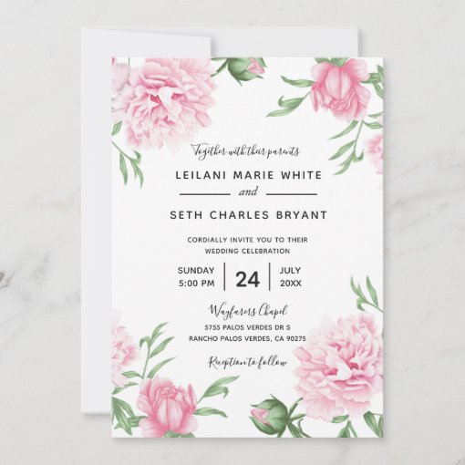 Pink Painted Floral Peonies Wedding Invitation | Zazzle