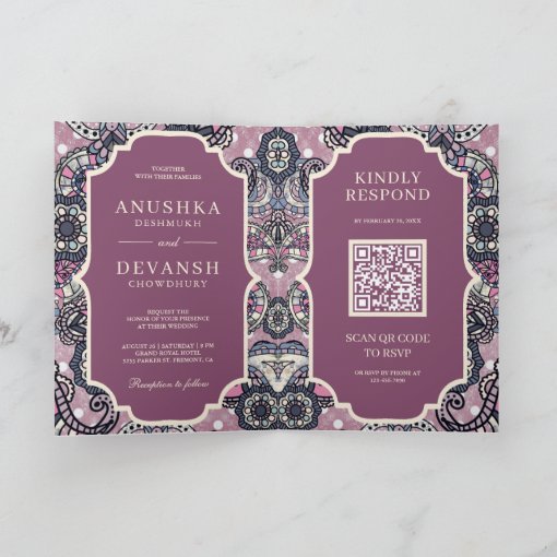 Pink Paisley Pattern QR Code Indian Wedding Invitation | Zazzle