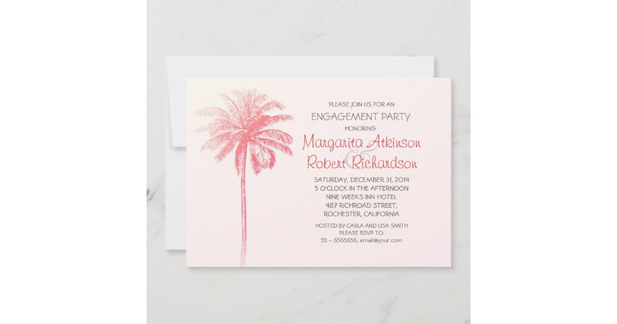 pink palm tree beach engagement party invitation | Zazzle