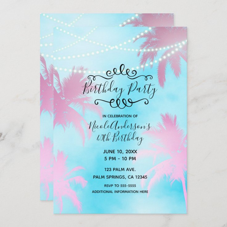 Pink Palm Trees Blue Sky & Lights Birthday Party Invitation | Zazzle