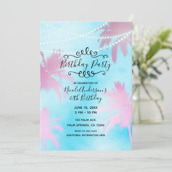 Pink Palm Trees Blue Sky & Lights Birthday Party Invitation | Zazzle