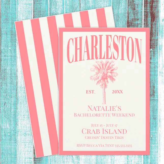 Pink Palm Trees Charleston Coastal Bachelorette Invitation | Zazzle