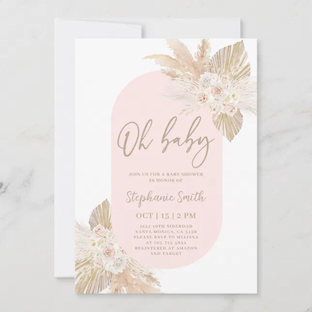 Pink Pampas Baby Shower Girl Invitation | Zazzle