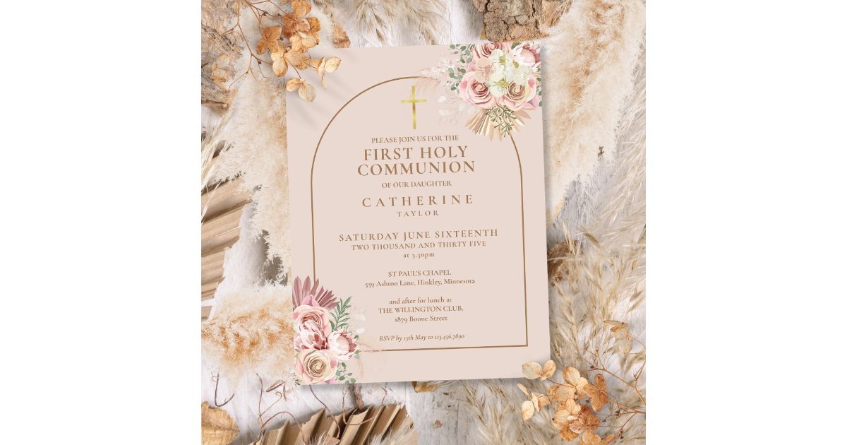 Pink Pampas Grass Gold Arch First Holy Communion Invitation Postcard ...