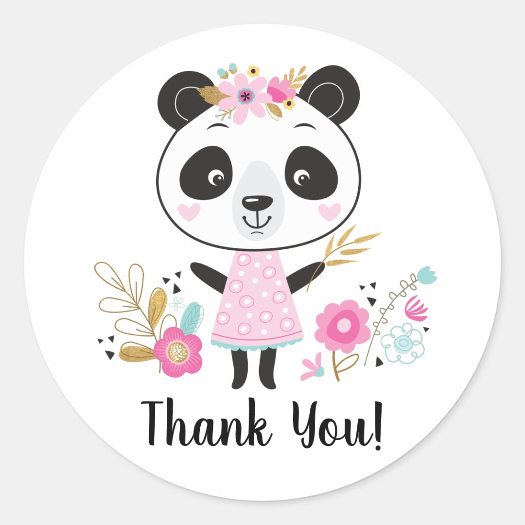 Pink Panda Thank You Adorable Girly Classic Round Sticker | Zazzle