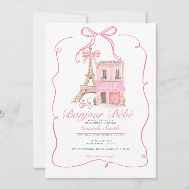 Pink Paris Bow French Parisian Cafe Baby Shower Invitation | Zazzle