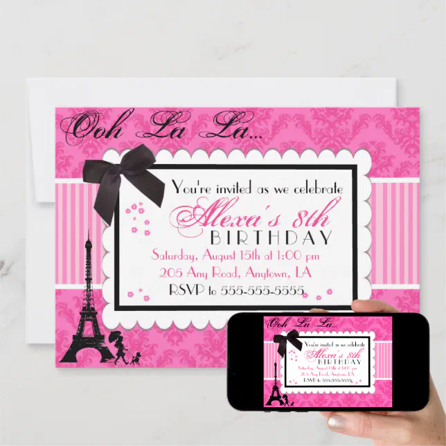 Pink Paris Damask birthday invitation | Zazzle
